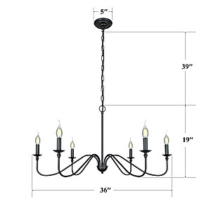 Black Chandelier RC Ceiling Light Fixture -6 Light 36 inches-Modern Farmhouse Apply to Chandeliers for Dining Room Lighting,Living Room,Bedroom,Foyer