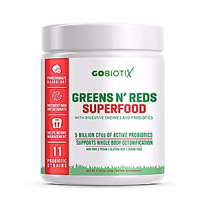 GOBIOTIX Super Greens Powder N' Super Reds Powder - Non-GMO Vegan Red and Green Superfood + Probiotics, Enzymes, Organic Whole Foods - Fruit and Veggie Supplement (Pomegranate Raspberry, 1 Pack)