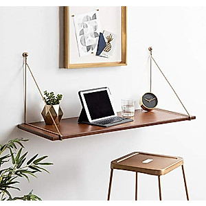 Kate and Laurel Vista Mid-Century Modern, Space-Saving, Wall Mounted Desk Shelf - Rich Walnut Brown Finished Wood Top Supported with Decorative Gold Wire