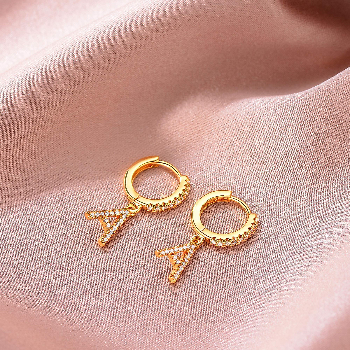 Mevecco 18K Gold Filled Gold CZ Pave A Initial Drop Huggie Earrings Diamond Cut Cubic Zircon Inlayed Letter Dangle Charm Initial Huggie Hoop Earrings Personalized Dainty Tiny Symbolic Jewelry Gift