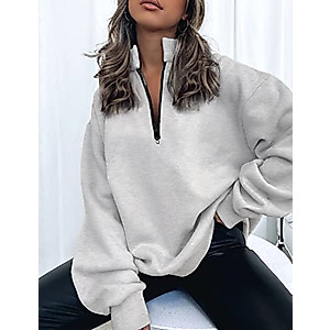 Womens Oversized Half Zip Pullover Sweatshirt Long Sleeve V Neck Sweatshirts Quarter Zip Teen Girls Fall Y2K Clothes Trendy Drop Shoulder Loose Fit Outfits Grey