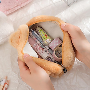 NIORYUZ Fluffy Plush Cute Animal Puppy Kitty Bunny Pencil/Pen Pouch Soft Cosmetic Bag Tote/Travel Organizer Large Capacity (Kitty)