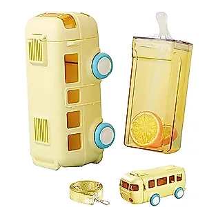 jesinor School Bus Water Bottle for Kids, Sippy Cup with Wheels, 16oz/500ml Truck Water Bottle(Yellow)