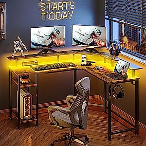 Rolanstar L Shaped Gaming Desk with LED Lights & Power Outlets, 55.1" Computer Desk with Full Monitor Stand & Storage Shelf, Corner Desk with Hooks, Rustic Brown Desk Reversible