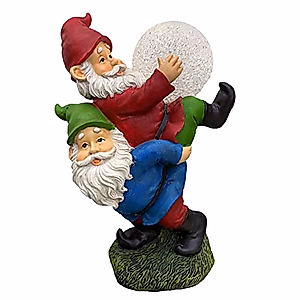 Raywer Solar Powered 2 Gnomes Playing with Ball , Decorated Solar Light, Garden Decorations Statues , Garden Light Decor for Lawn Ornaments, Resin Garden Figurines (2 Gnomes with a Glass Ball)