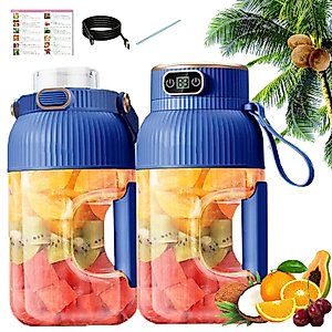 Yulyoie Multifunctional Portable Juicer Cup with Digital Display,Copenrain Portable Smoothie Blender on the Go,Portable Blender USB Rechargeable,for Gym/Travel/Kitchen (Blue-Double cups and lids)