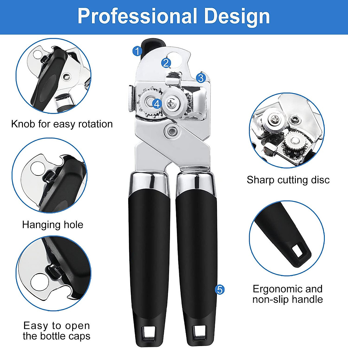 Manual Handheld Can Opener, Sharp Cutting Wheel for Smooth Edge Cut, Non-Slip Handle, Oversized Easy to Use Turn Knob, Includes Built in Bottle Opener