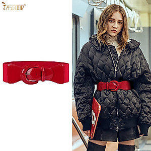 JASGOOD Women Wide Stretchy Belt,Vintage Chunky Buckle Red Elastic Waist Belts for Women Dress,Red,Fits Waist 28-34 Inches