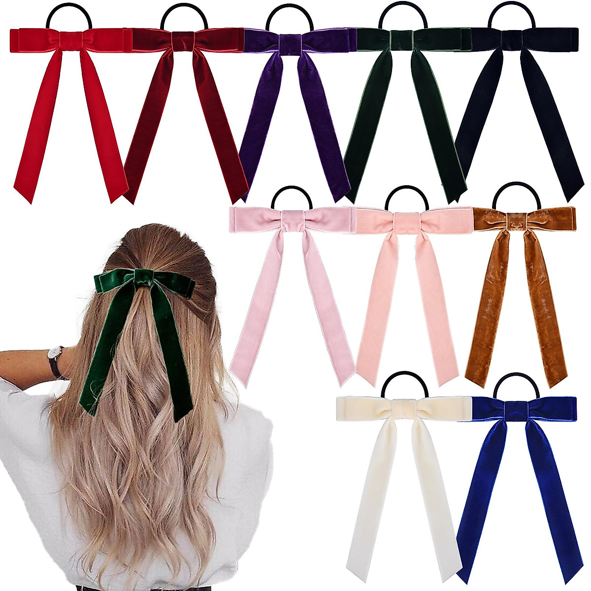 10PCS Bow Hair Tie Velvet Hair Ribbon Elastics Hair Scrunchies Long Ponytail Holder Hair Bow Bands Rope Accessories for Women Girls