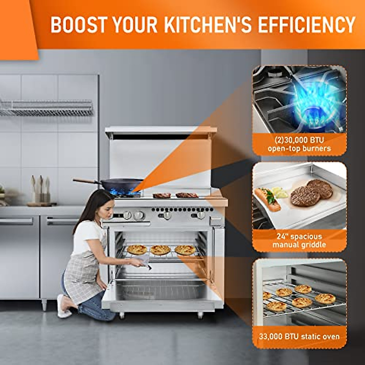 HOCCOT 36” Gas Range Stove with 2 Burners and 24” Griddle Cooktop, Freestanding Commercial Natural Gas Restaurant Range Stainless Steel w/Standard Oven & Cast Iron Grate, 135,000 BTU Total