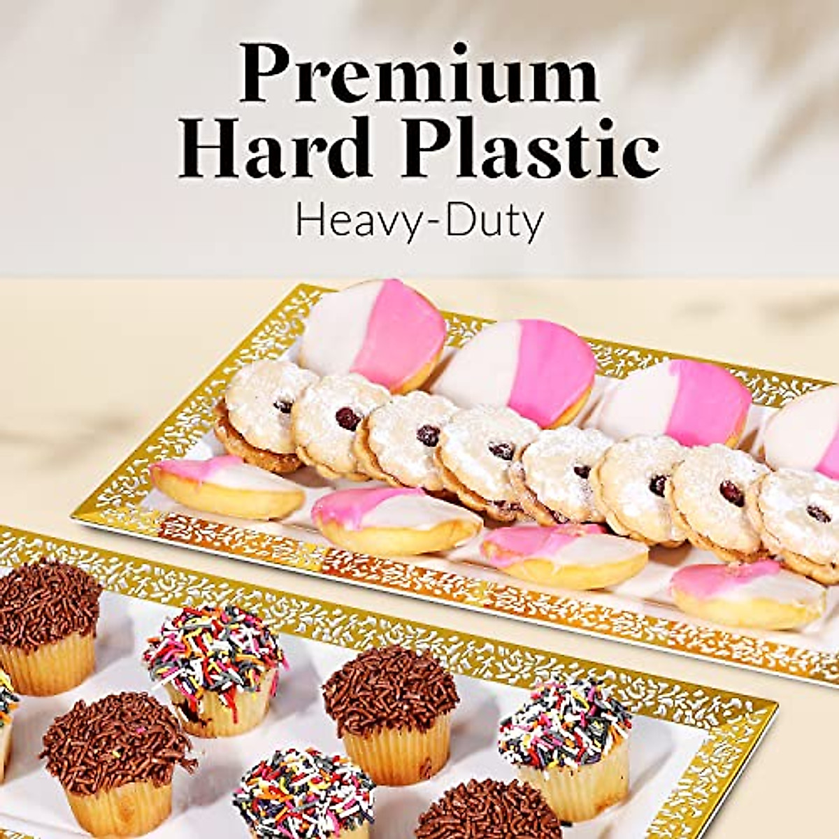 Disposable Serving Trays and Platters Set, Pack of 4 - 7.5 x 14 Inches White Plastic Rectangular Tray with Gold Lace Rim - Decorative Plastic Dessert Trays for Dessert Table, Parties, Weddings