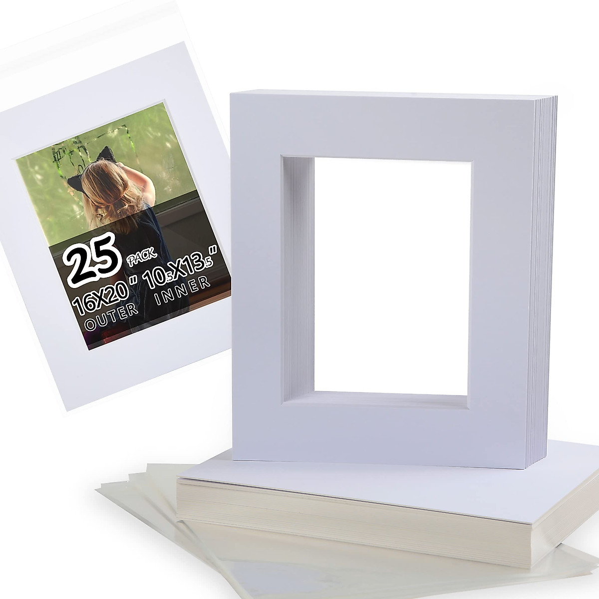 Falling in Art 25 Pack Acid-Free 16x20" White Picture Mats Board Show Kit for 11x14" Pictures, 4-Ply Beveled Precut Photo Boards with Backing Boards and Plastic Clear Bags