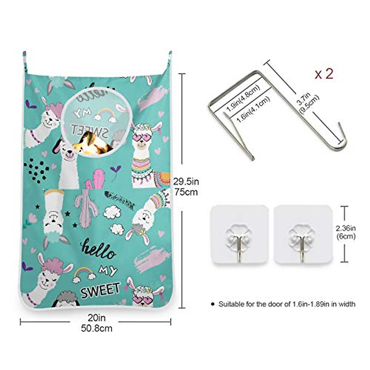 Oyihfvs Enthic Llama Alpacas Cacti Cactus Clouds On Turquoise 1PC Hanging Laundry Hamper Bag, Dirty Clothes Bag Over The Door, Wall Cloth Basket with Hooks Storage College Closet for Bathroom Bedroom