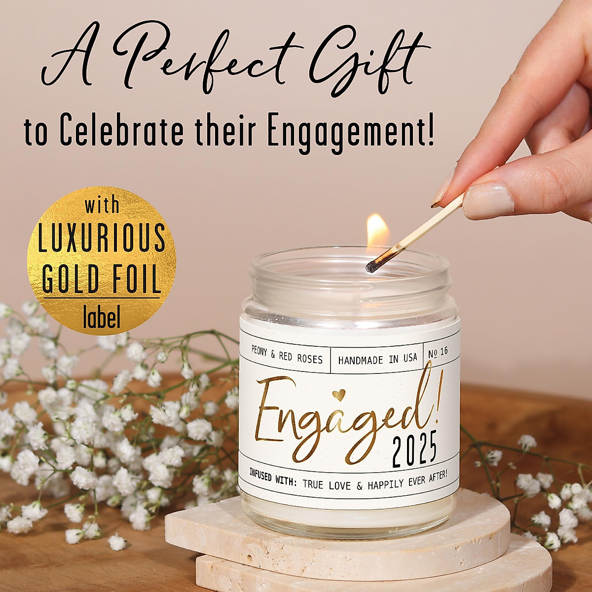 Engagement Gift, Engagement Gifts for Couples -'Engaged 2025' Candle, w/Peony & Rose Wedding Bouquet I Engagement Gifts for Her I Fiance Gifts for Women I Engaged Gifts I 50Hr Burn, USA Made