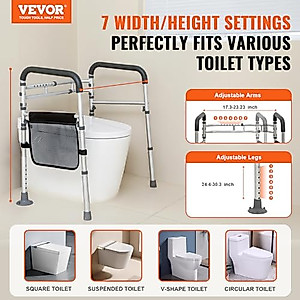 VEVOR Toilet Safety Rail, Folding Toilet Seat Frame, Adjustable Detachable Fit Most Toilets, Heavy 300lbs Capacity Duty Medical Bathroom Toilet Handrails Stand Alone for Handicap, Elderly, Disabled