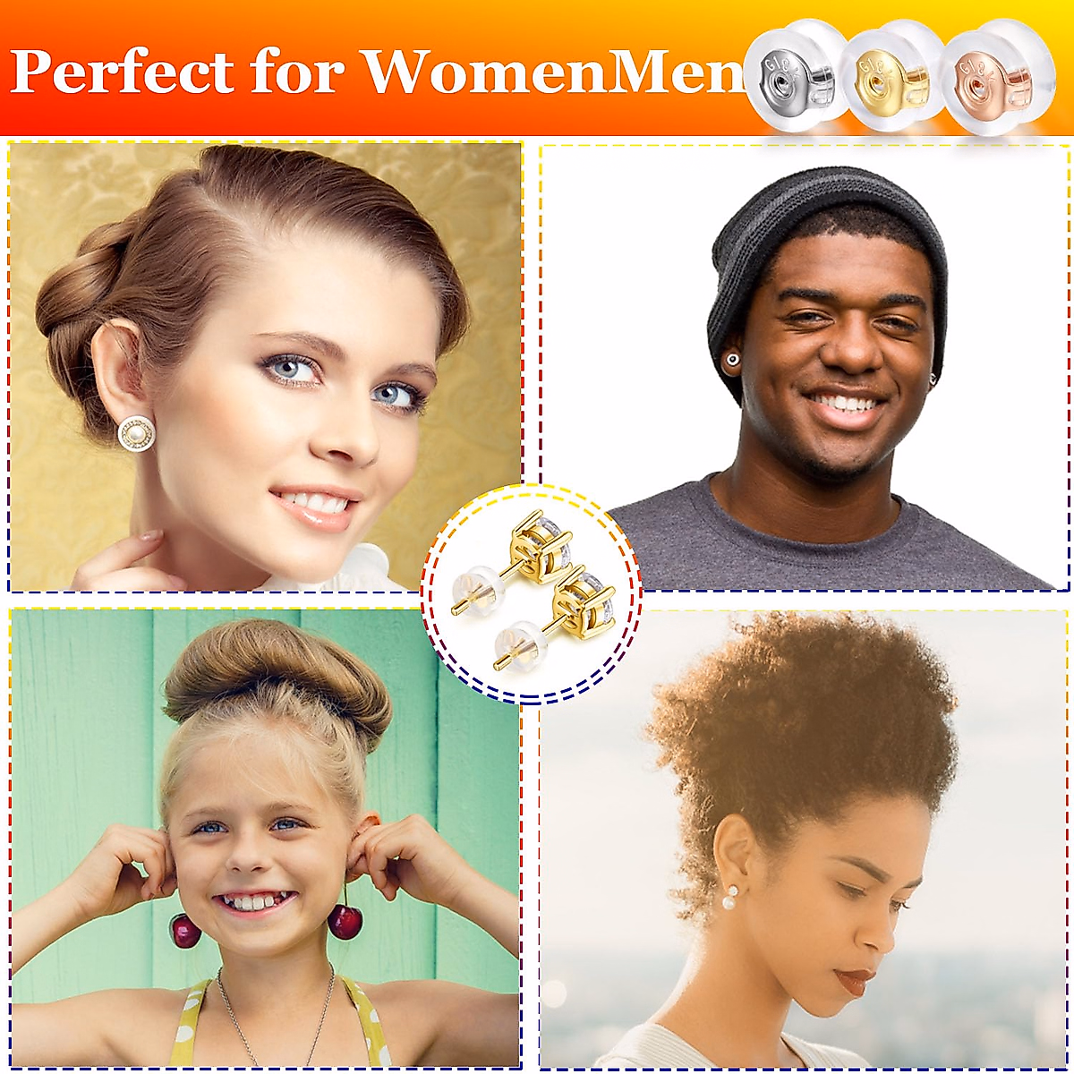 Kerryjewl 18K Gold Locking Secure Earring Backs for Studs, Silicone Earring Backs Replacements for Studs/Droopy Ears, No-Irritate Hypoallergenice Earring Backs for Women Men(White Gold)