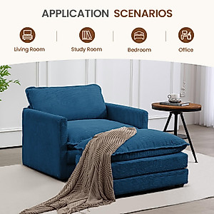 ROWHY Single Armchair with Ottoman, Modern Corduroy Cloud Couch with Convertible Chaise, Upholstered Sofa Set for Living Room and Office, Blue