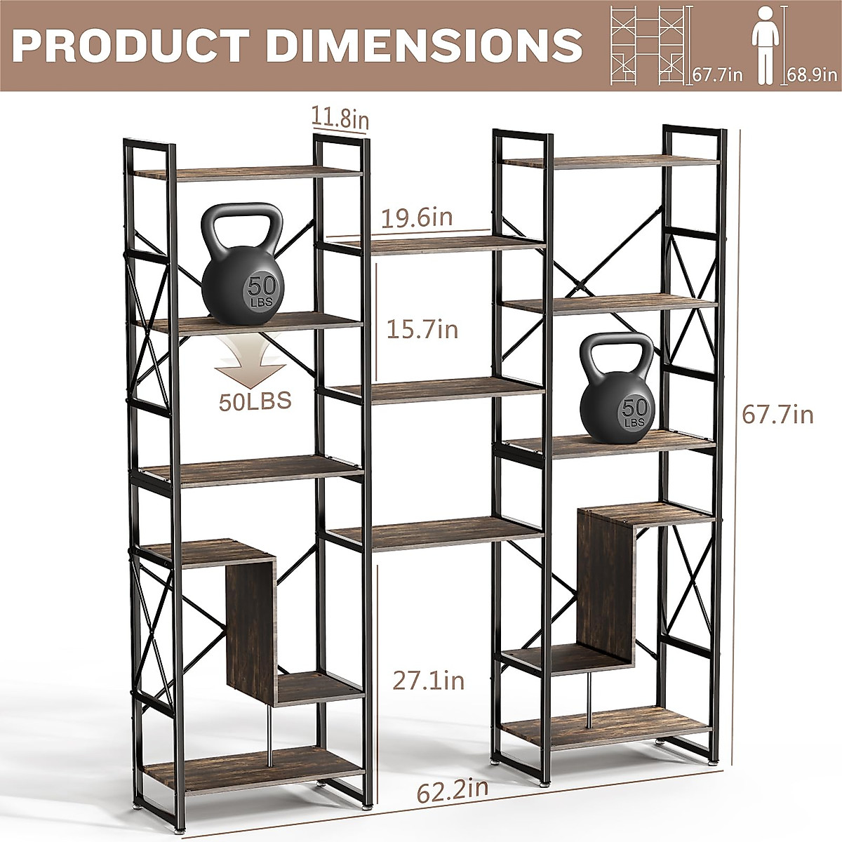 KIDSU Large Bookshelf,Industrial Bookacse with 15 Open Display Shelves,Triple Wide 5 Tier Wood and Metal Bookshelf,Modern Grey Bookshelve for Living Room,Office,Bedroom (Rustic Brown)