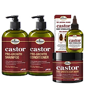 Difeel 4-PC Castor Pro-Growth Hair Growth: Cleansing & Growth Set - Includes 12 oz Shampoo, 12oz Conditioner, 12oz Hair Mask & 2.5oz Root Stimulator