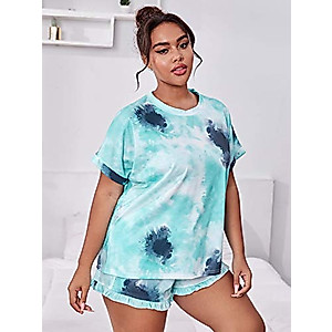 MakeMeChic Women Plus Size 2 Piece Pajamas Sets Tie Dye Short Sleeve Top & Shorts Loungewear Sleepwear Blue X-Large