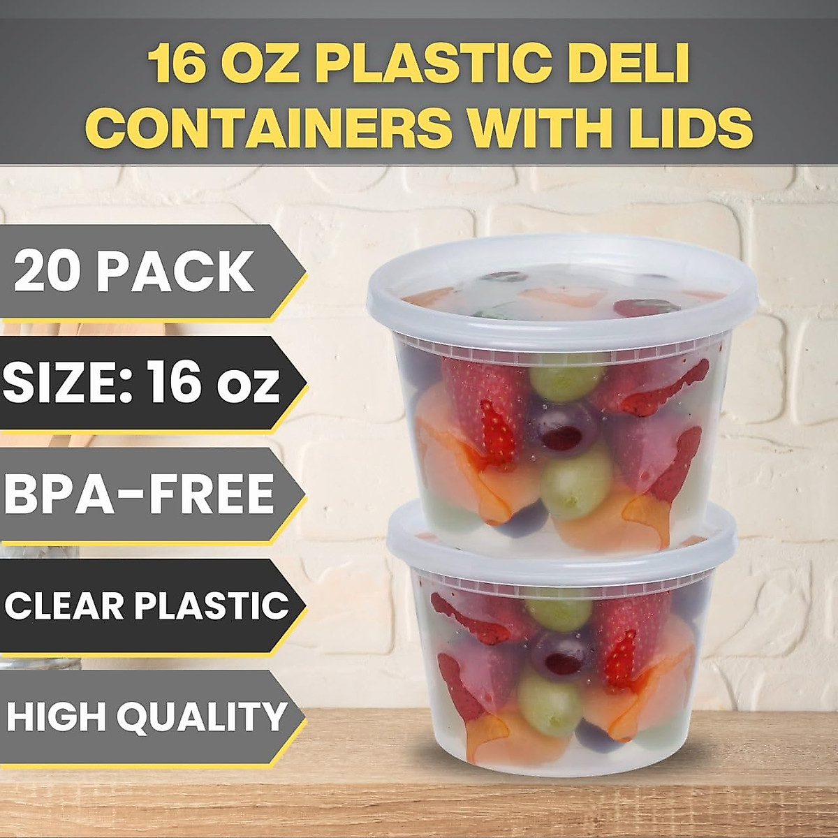 Smygoods 16oz Plastic Deli Containers with Lids - 20ct - BPA Free - Leakproof - Stackable - Microwave and Freezer Safe - Clear.