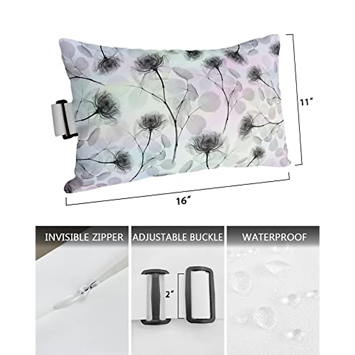 Recliner Head Pillow Ledge Loungers Chair Pillows with Insert X-Ray Roses Dreamy Pink Purple Green Lumbar Pillow with Adjustable Strap Outside Patio Decorative Garden Cushion for Bench Couch, 2 PCS