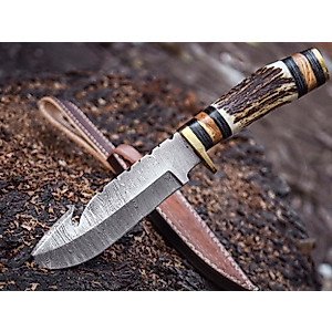 Custom Handmade Hunting Knife gut hook Skinner Fixed Blade Knife Damascus Steel 10'' Overall With Sheath
