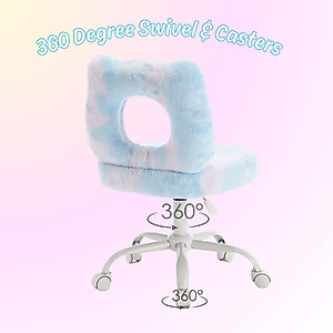 LukeAlon Adjustable Kids Desk Chair with Wheels & Bear Shaped Back, Faux Fur Swivel Rolling Chair for Bedroom Reading Living Room, Cute Computer Office Chairs for Teen Children Gift, Dreamy Blue