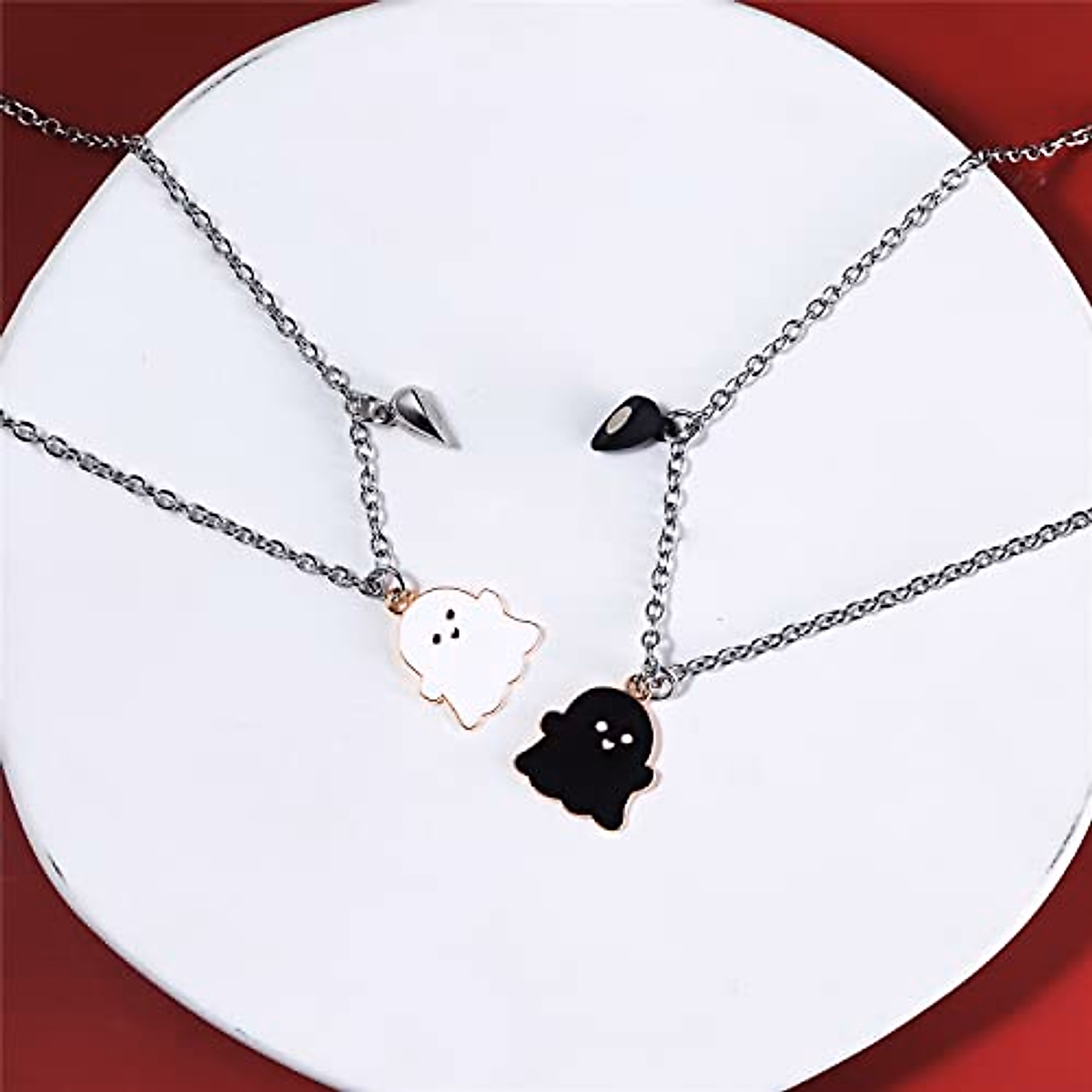 2Pcs Lovely Magnetic Love Heart Ghost Pendant Necklace Set for Women Men Friend Girl Boy Teen Enamel Mutual Attract Magnet Couple Matching Necklace Halloween Jewelry Birthday BFF Gift-A black white