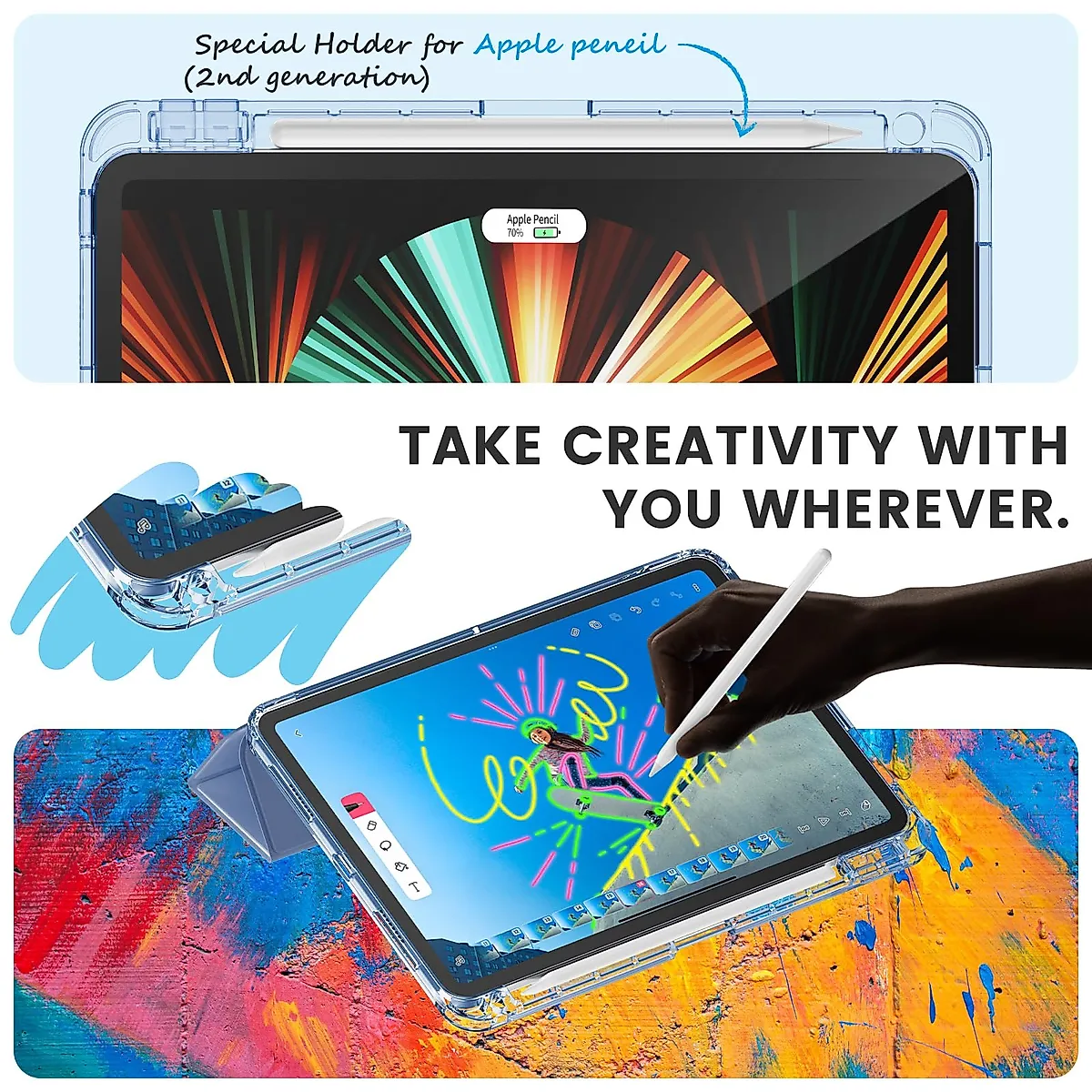 INFILAND Compatible with iPad Pro 11 inch Case (4th,3rd,2nd &1st Gen) 2022/2021/2020/2018, Crystal Clear Both Back & Frame Anti-Yellowing, Pencil Holder, Blue