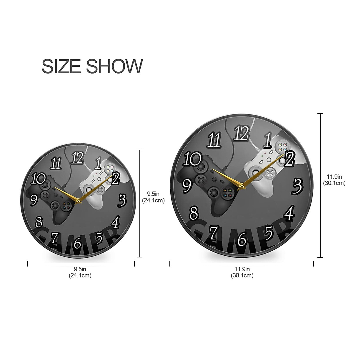 Two Realistic Game Joystick White and Black with a Text Gamer Wall Clock, Silent Non-Ticking Easy to Read Round Decorative Acrylic Wall Clock Art, for Living Room Home Office School 12 Inch