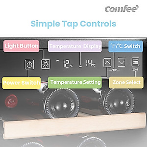 COMFEE' CRW28B7AST Freestanding & Built-in Wine Cooler, 28 Bottles Wine Fridge, Dual Cooling Zone, Digital Control, Glass Door Stainless Steel Frame