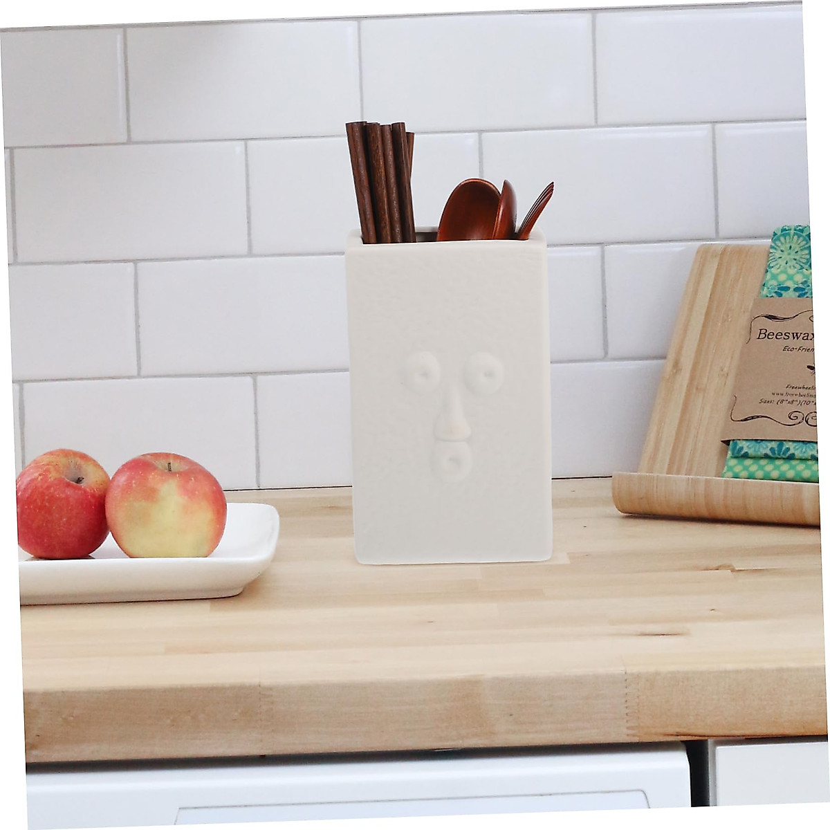 BESPORTBLE Kitchen Utensil Holder Human Face Shape Ceramic Kitchen Utensil Storage Organizer Caddy Kitchen Tool Holder for Forks Spoons Tableware