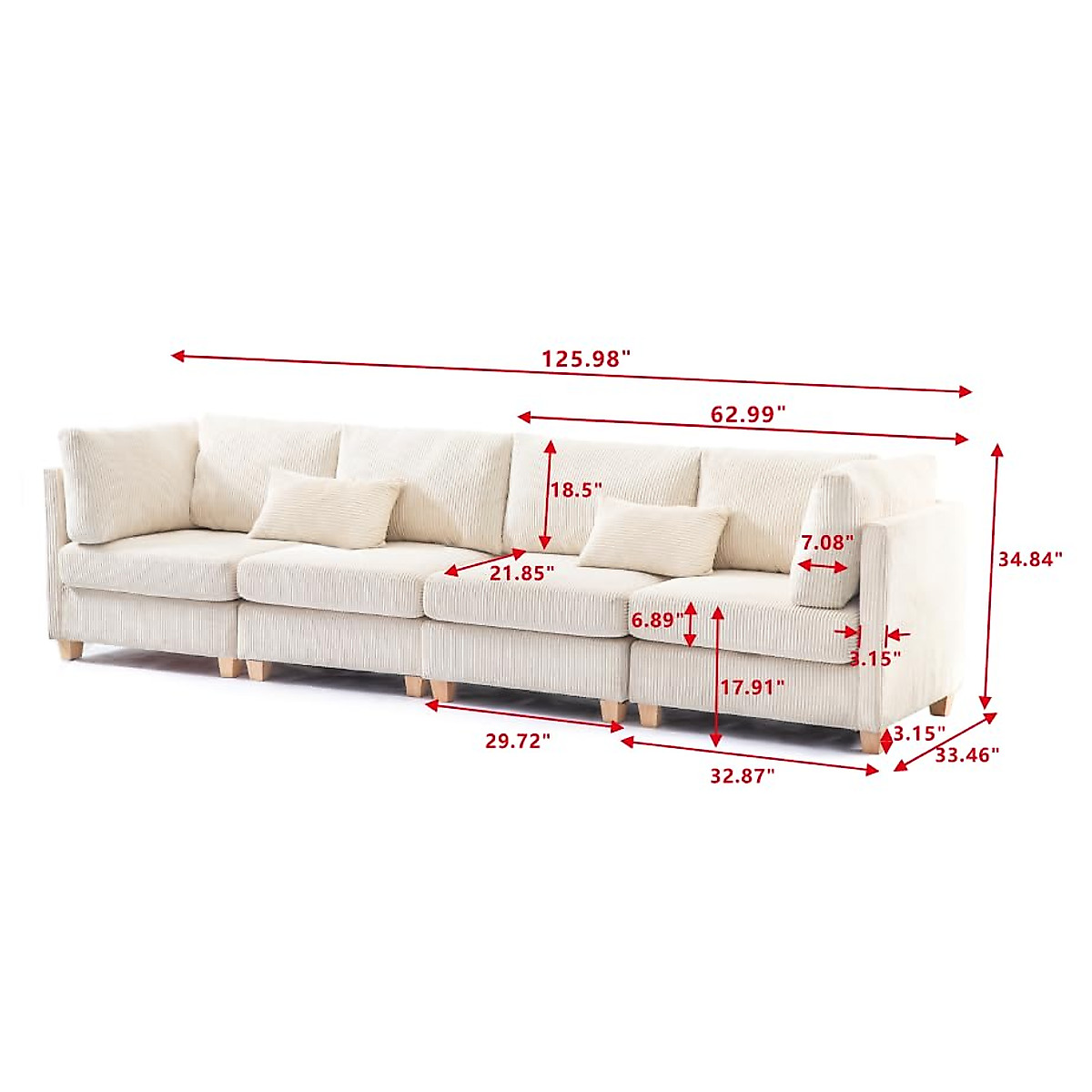 MYINDA L Shaped Convertible Modular Sectional Sofa with Movable Ottoman, Free Combination Corduroy Upholstered Corner Couch with Wooden Legs and Thicked Cushions for Living Room (Beige)