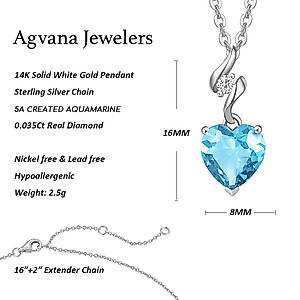 Agvana 14K Solid White Gold Diamond Aquamarine Heart Pendant Necklace for Women with Sterling Silver Chain