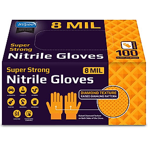 Inspire Heavy Duty Orange Nitrile Disposable Gloves | ULTRA 8 Mil Gloves Diamond Textured For Secure Grip | Food Safe, Industrial Gloves Disposable Latex Free Mechanic Gloves | Nitrile Gloves