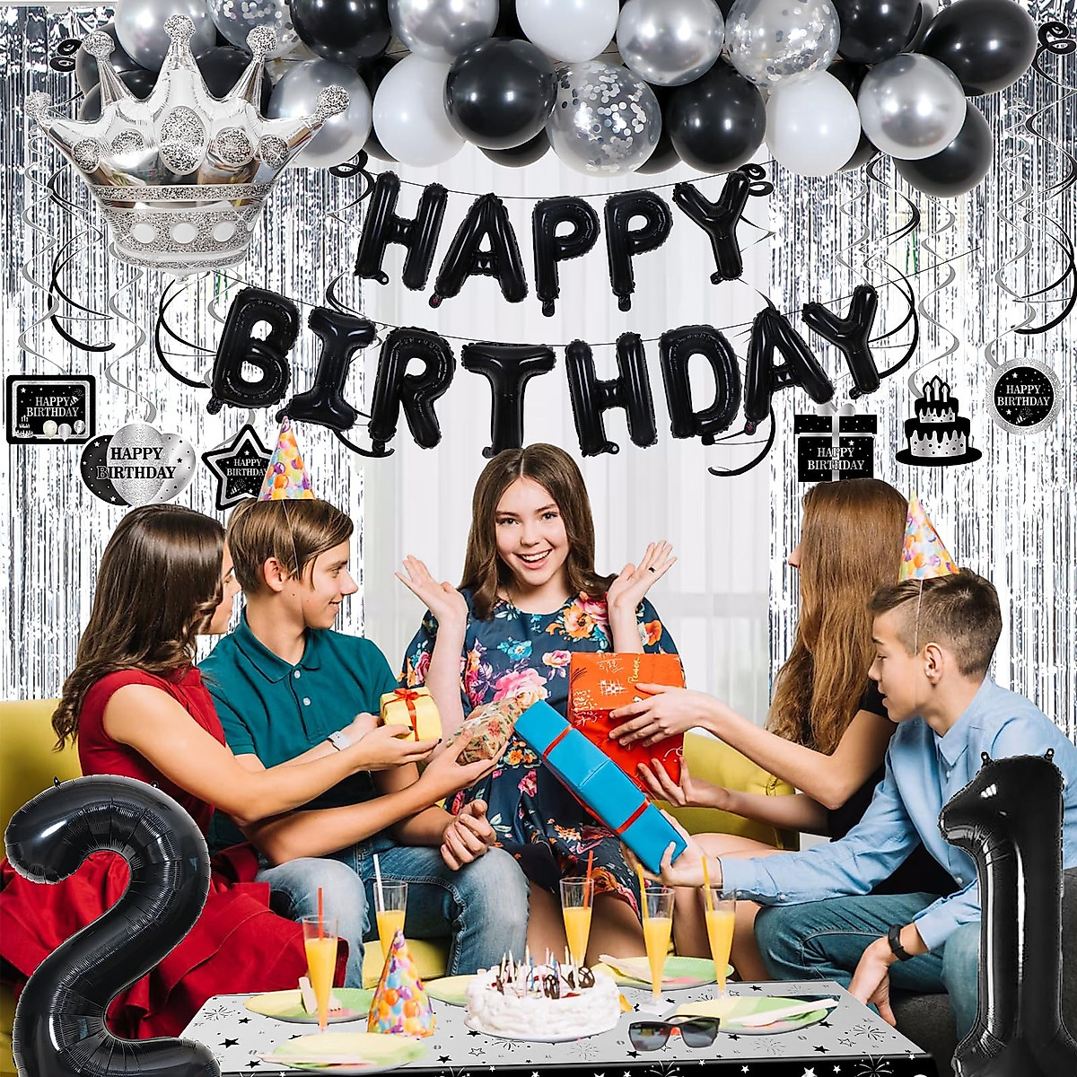 Black and Silver 21st Birthday Decorations for Him Her, Black and White 21 Birthday Party Decorations for Men Boys, Black Silver Happy 21st Birthday Banner Balloons Fringe Curtains Table Cloths Women