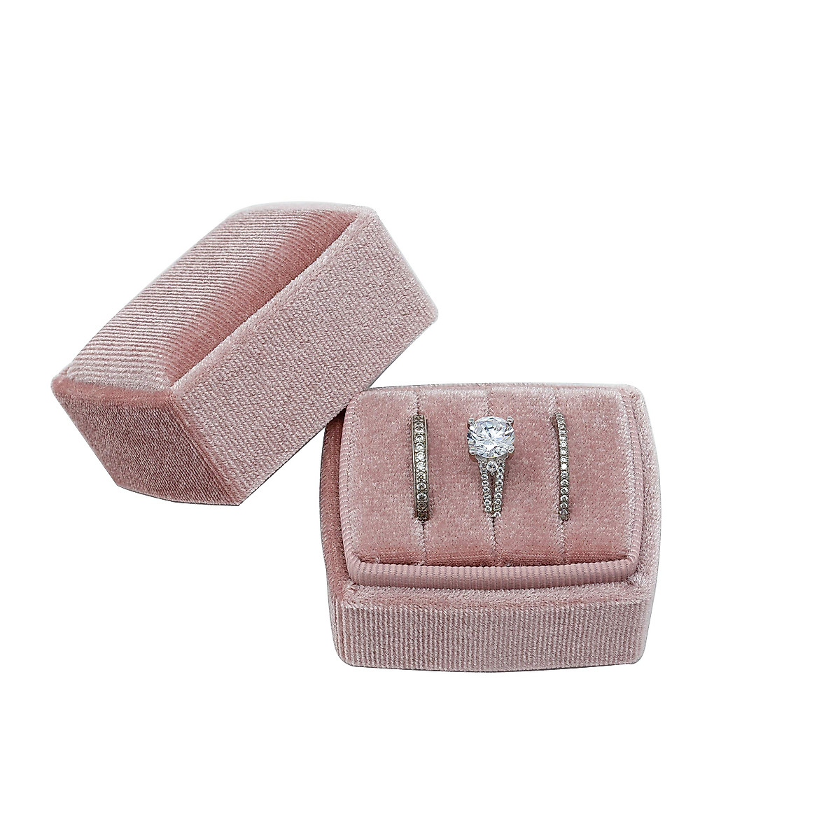 Beatrix & Luca 3 Ring Velvet Ring Box | Ring Holder | Jewelry | Proposal | Wedding | Ceremony | Engagement | Photography | Keepsake | Bridal Rectangle Triple (Dusty Rose Triple)
