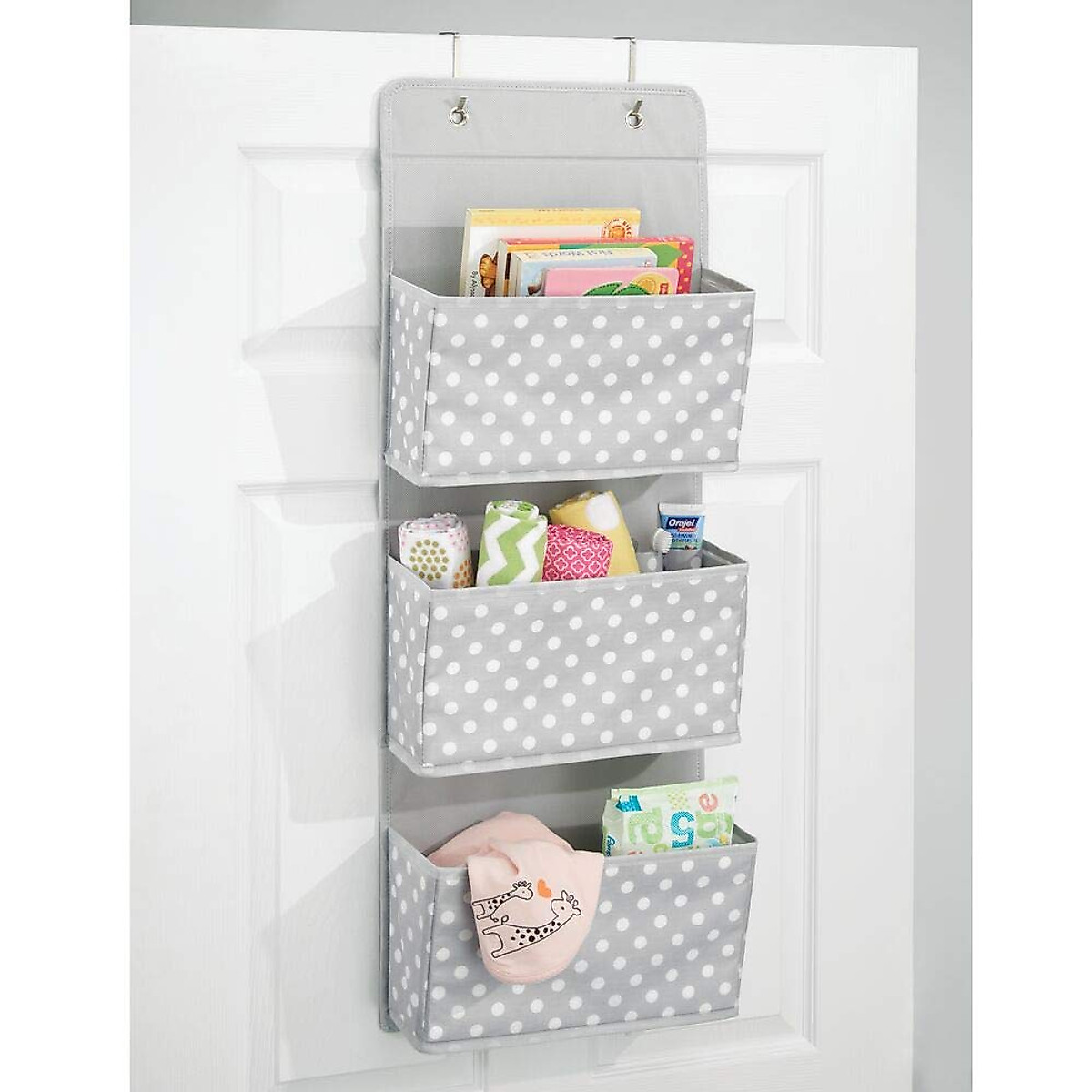 mDesign Fabric Baby Nursery Hanging Organizers for Over The Door Storage for Kids - 3 Pocket Organizer Caddy with Hooks for Clothing, School, Diaper, Toy, and Outfit Storage - Polka Dot, Gray/White