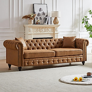 Harper & Bright Designs Tech Fabric Upholstered 3-Seater Living Room Sofa with Button and Copper Nail on Arms, Classic Chesterfield Sofa, Four Pillows Included (Brown)