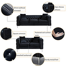 2-Piece Black Velvet Upholstered Living Room Furniture Set, Including 3-Seater Sofa and Loveseat with Jeweled Buttons, Square Arm, Four Pillows Included for Living Room, Office