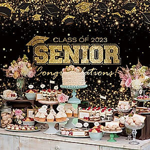 Rsuuinu Class of 2023 Backdrop Black Gold Glitter Bokeh Graduation Party Photography Background Congratulations Senior 2023 Congrats Grad Prom Party Decorations Banner Photo Booth Props 7x5ft