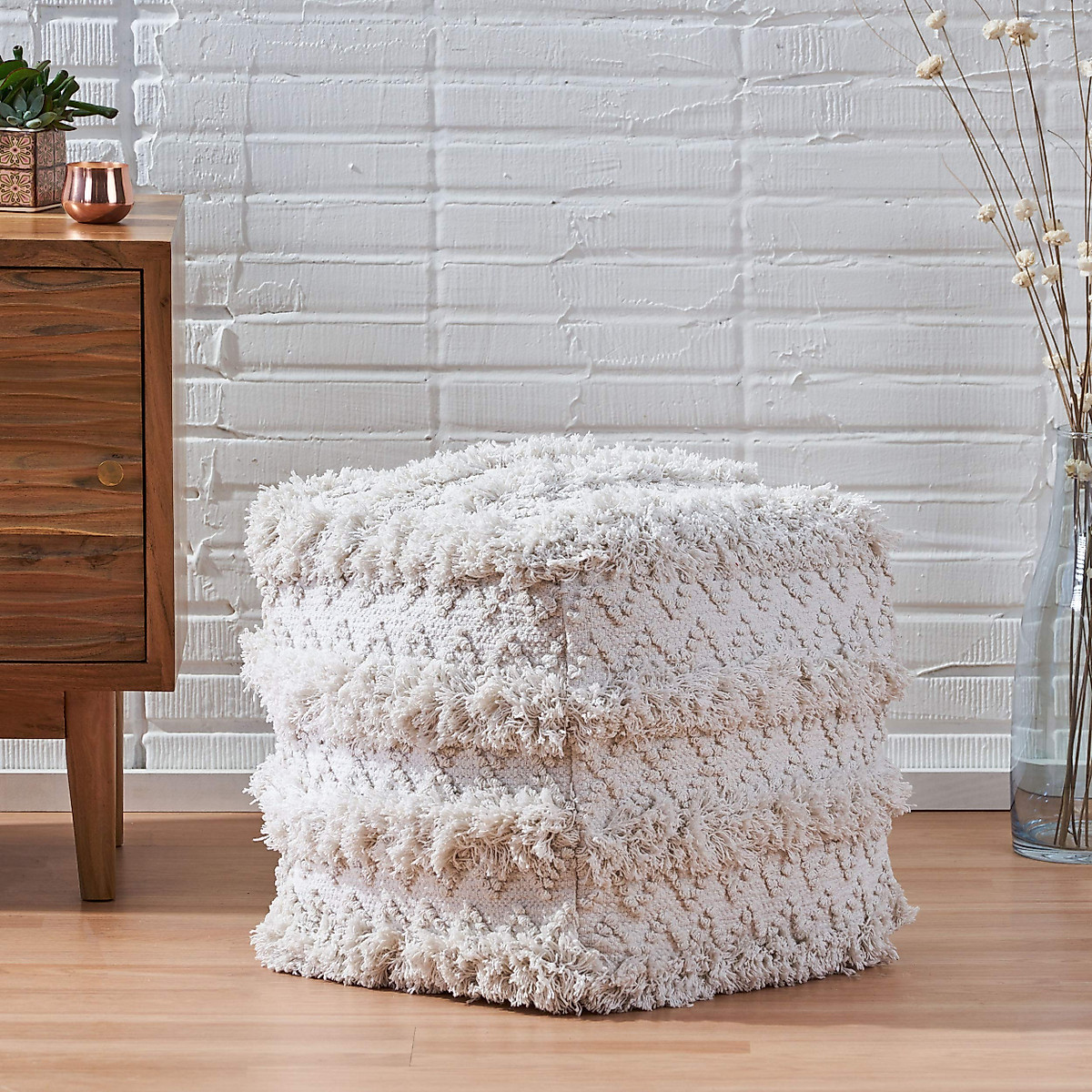 Christopher Knight Home Anna Boho Fabric Cube Pouf, White