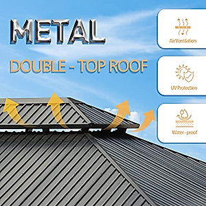 Aoodor 12’ x 16’Wooden Grain Coated Aluminum Gazebo Hardtop 2-Tier Black Steel Roof, Wooden Print Frame with Curtain&Netting for Patios, Gardens, Lawns