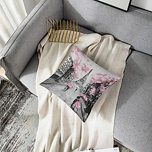 Emvency Throw Pillow Cover Oil Painting Paris European City Landscape France Eiffel Tower Black White and Pink Modern Couple Under Decorative Pillow Case Home Decor Square 18x18 Inches Pillowcase
