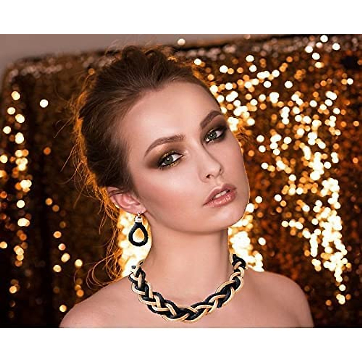 MMonesu Gold Black Statement Necklace, Braided Hollow Cable Large Bib Choker Collar, Chunky Choker National Tribal Necklace Dress Prom Jewelry for Women(BLACK-GOLD)