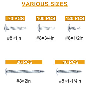 KURUI Self Tapping Screws for Metal Assortment Kit, 350PCs #8 Galvanized Phillips Sheet Metal Screws, Carbon Steel Truss Head Self Drilling Screws for Metal in 5 Sizes (1/2, 3/4, 1-1/4, 1in, 2in)