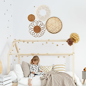 Set of 8 Boho Wall Basket Decor Flat Woven Basket Wall Decor Set Rattan Wall Decor Round Bamboo Hanging Wall Basket Macrame Tassels Wall Tapestry Boho Basket Wall Art for Bedroom Living Room Nursery