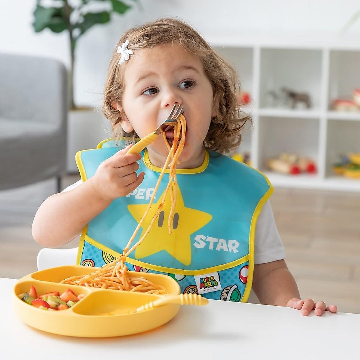 Bumkins Nintendo Bibs for Girl or Boy, SuperBib Baby and Toddler for 6-24 Months, Essential Must Have for Eating, Feeding, Baby Led Weaning, Waterproof Soft Fabric, 2-pk Super Mario Expressions