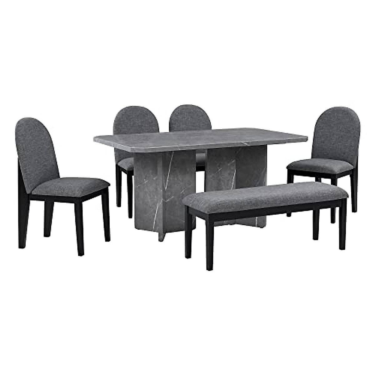YuiHome Piece, Modern Style Kitchen Faux Marble Table and 4 Upholstered Chairs & 1 Bench, Dining Room Set for 6 Persons,Gray